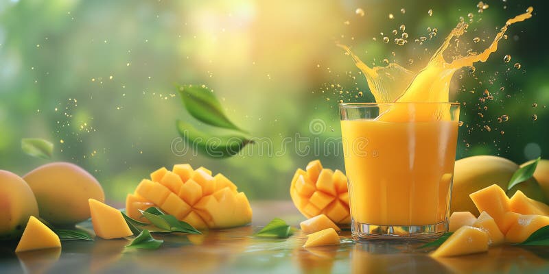 Fresh Mango Juice Splash with Sliced Mangoes in Nature Stock ...