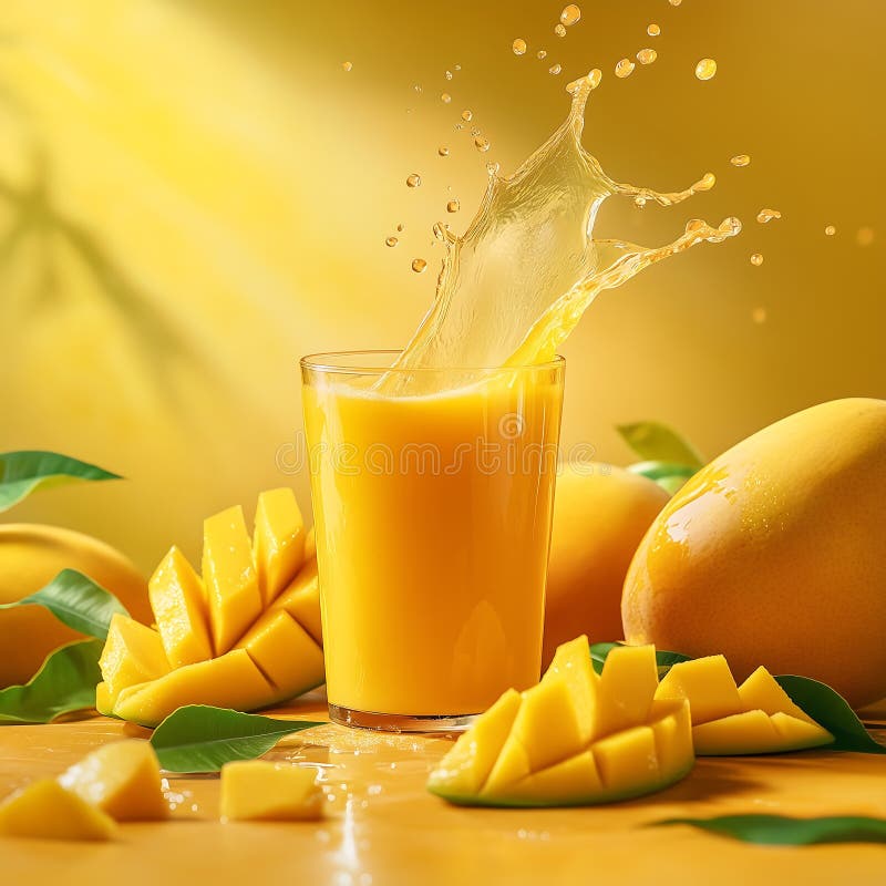 Fresh Mango Juice Splash with Sliced Mangoes on Yellow Background Stock ...