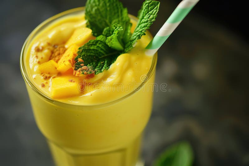 Fresh Mango Lassi Served in a Glass, Garnished with Mint and Chunks of ...