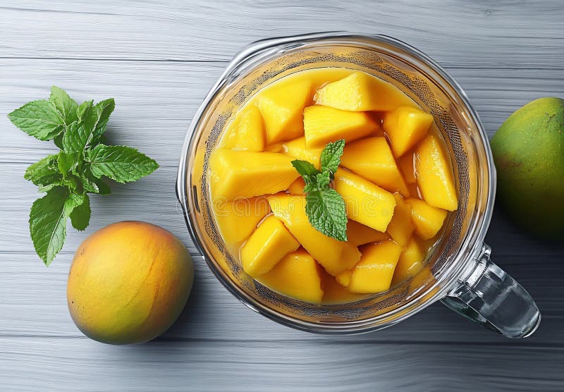 Fresh Mango and Mint in a Glass Jar, Top View Stock Illustration ...