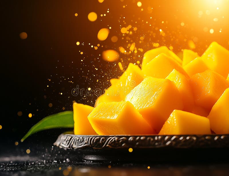 Fresh Mango Pieces on Ornate Plate, Illuminated by Warm Light, Create ...