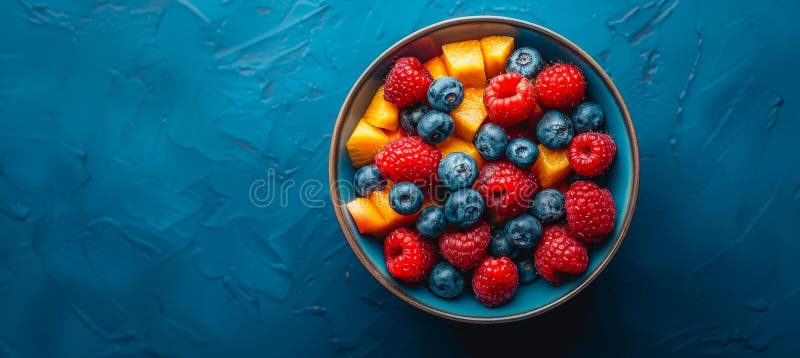 Fresh Mango, Raspberry and Blueberry Fruit Salad in a Blue Bowl ...