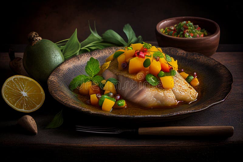 Fresh Mango Salsa and Fish Filet on Brown Plate Created with Generative ...