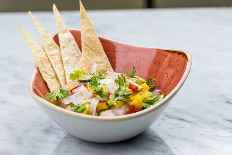 Fresh Mango Salsa with Raw Fish Filet in Brown Plate Stock Photo ...