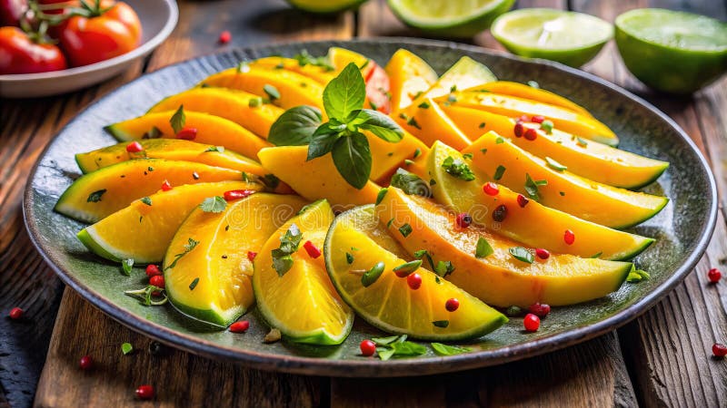 Fresh Mango Slices Arranged Beautifully on Plate, Garnished with Herbs ...