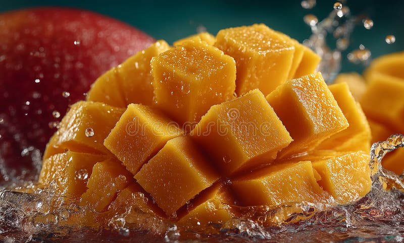 Fresh Mango Slices and Cubes with Water Splashing Stock Illustration ...