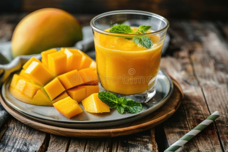 Fresh Mango Smoothie in Glass with Sliced Mango and Mint on Ceramic ...