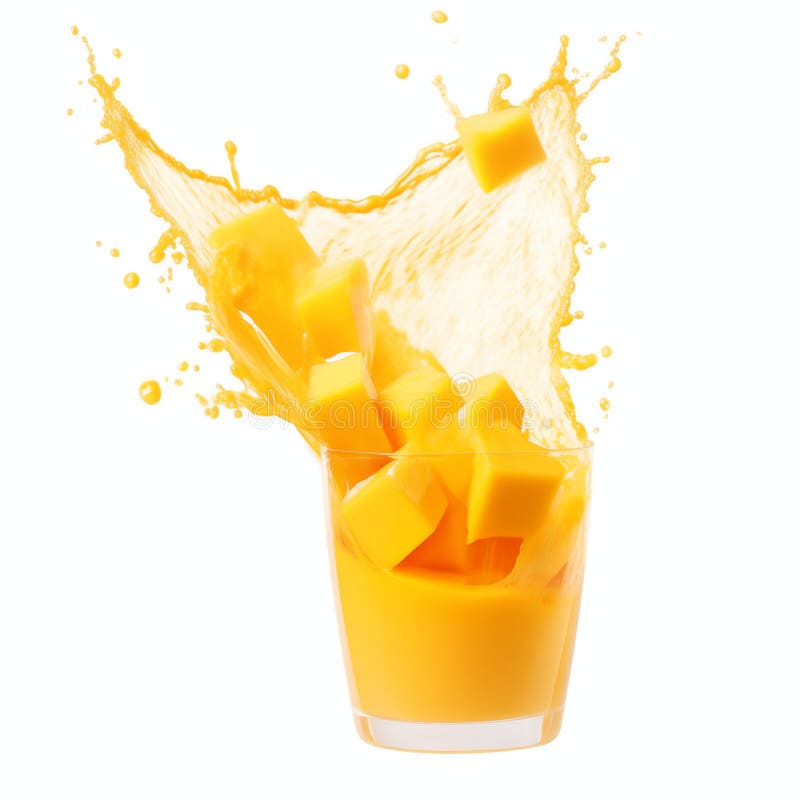 Fresh Mango Smoothie Splashing Out of a Glass with Vibrant Yellow Cubes ...