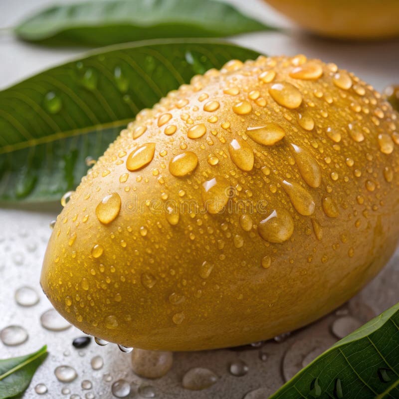 Fresh Mango with Water Droplets on a Textured Surface with Leaves Stock ...