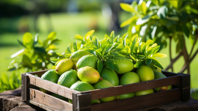 Fresh Mangoes on Wooden Table with Mango Tree Farm in Sunlight Stock ...