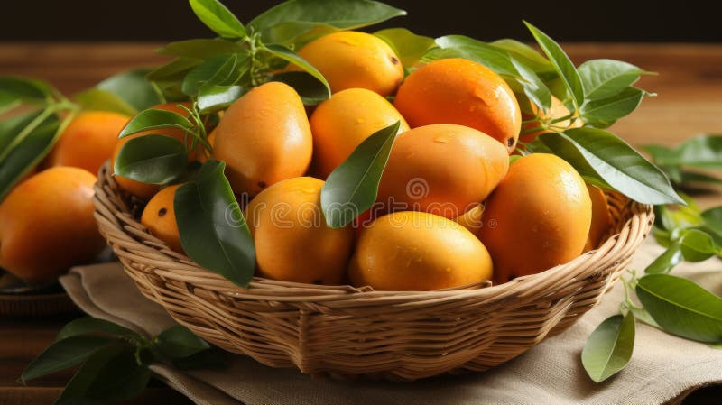 Fresh Mangoes on Wooden Table with Mango Tree Farm in Sunlight Stock ...