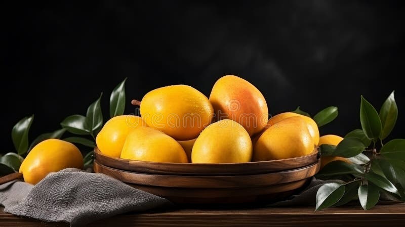 Fresh Mangoes on Wooden Table with Mango Tree Farm in Sunlight Stock ...
