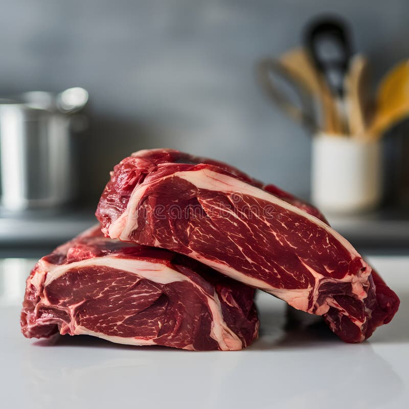 Fresh, Marbled Meat Cuts on White Surface, Ready for Culinary ...