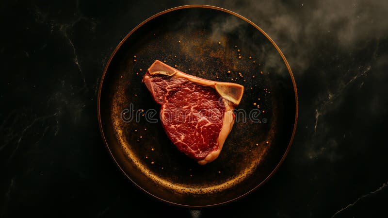 Raw T-bone Steak in a Sizzling Pan with Moody Lighting and a Dark ...