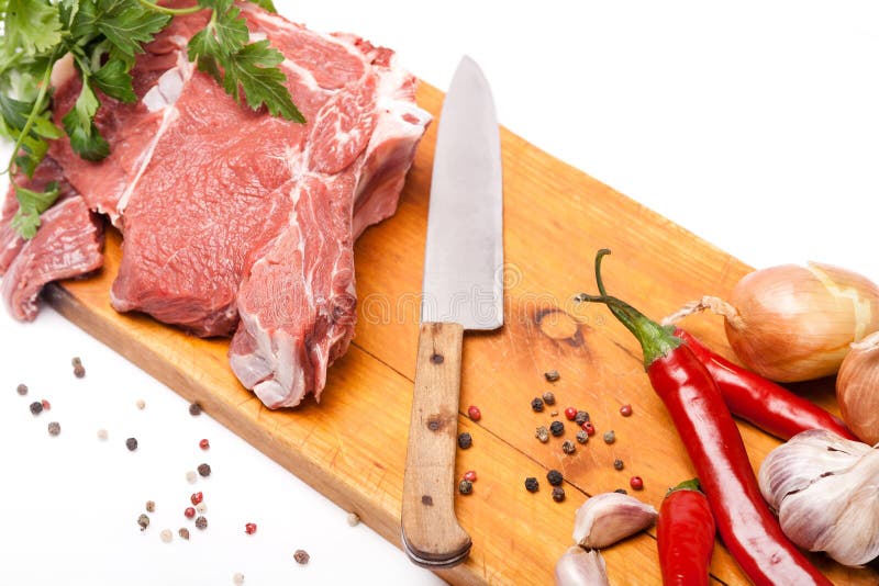 Fresh Meat of Beef with Bone on Wooden Spices and Knife Stock Image ...