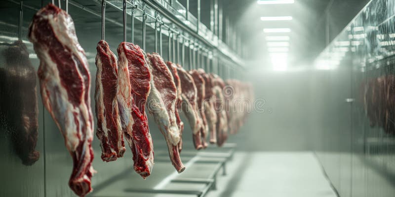Fresh Meat Carcasses Hanging on Hooks in the Meat Processing Plant S ...