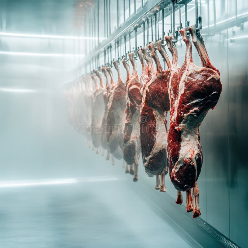 Fresh Meat Carcasses Hanging on Hooks in the Meat Processing Plant S ...