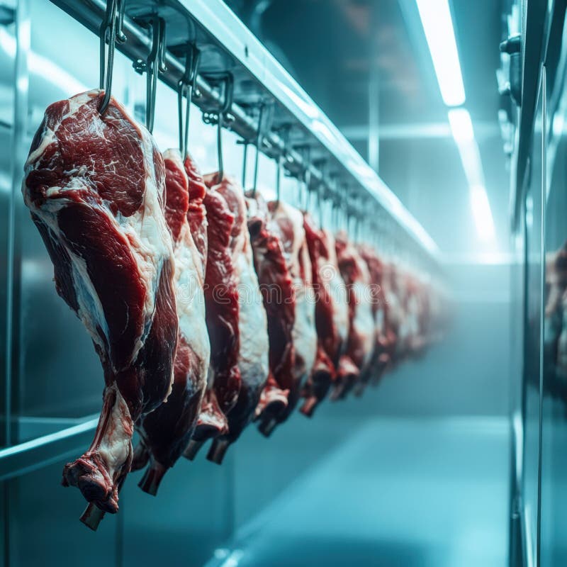 Fresh Meat Carcasses Hanging on Hooks in the Meat Processing Plant S ...