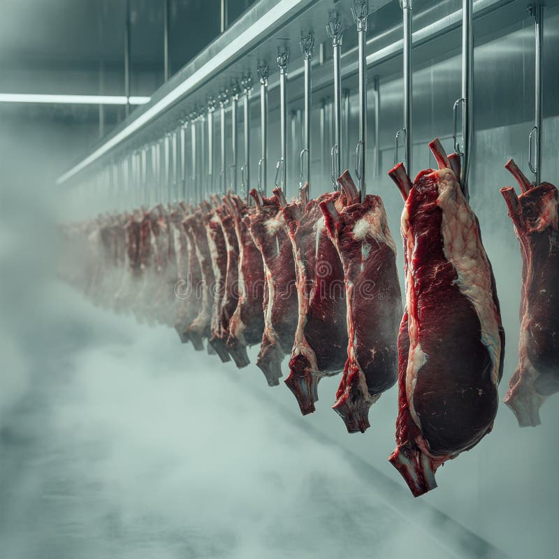 Fresh Meat Carcasses Hanging on Hooks in the Meat Processing Plant S ...