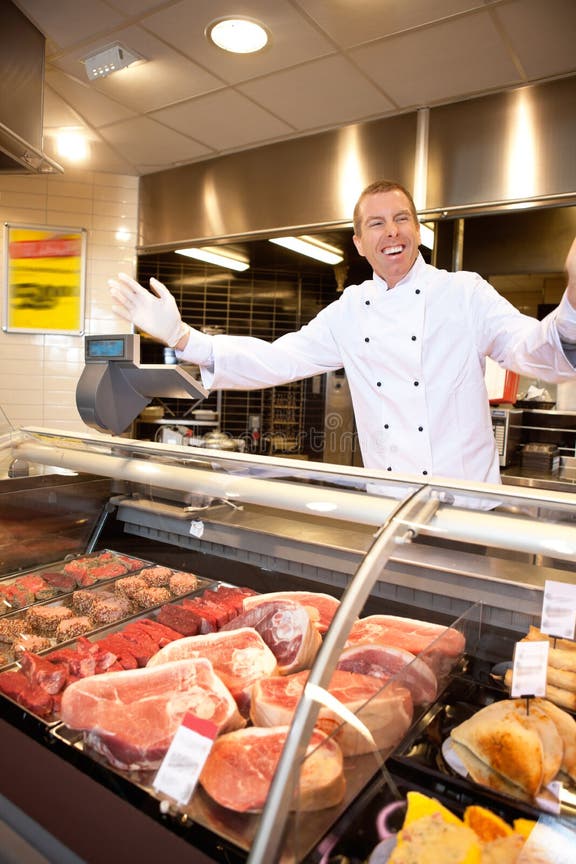 Fresh Meat with Cheerful Butcher Stock Photo - Image of mart, deli ...