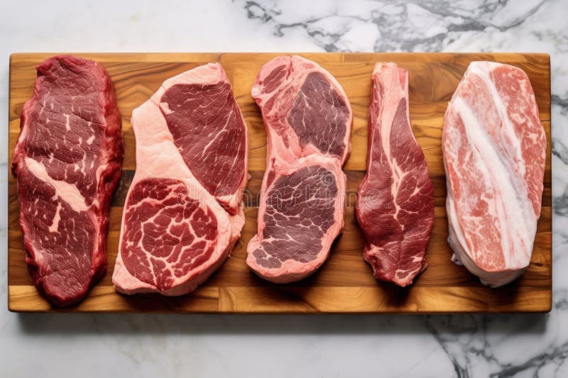 Fresh Meat Cuts on Wooden Board, Different Cuts of Beef with Marble ...
