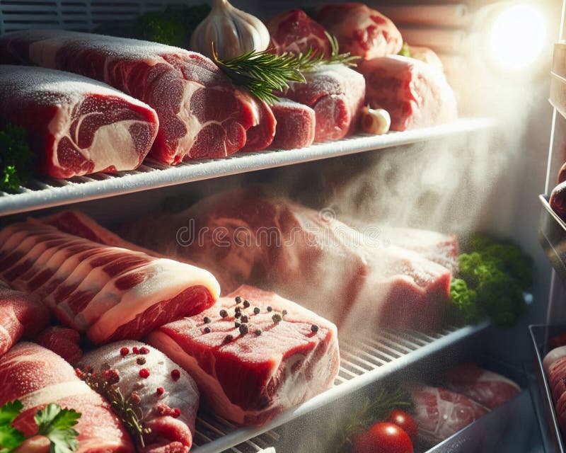 Fresh Meat in Freezer on Natural Light Background Stock Illustration ...