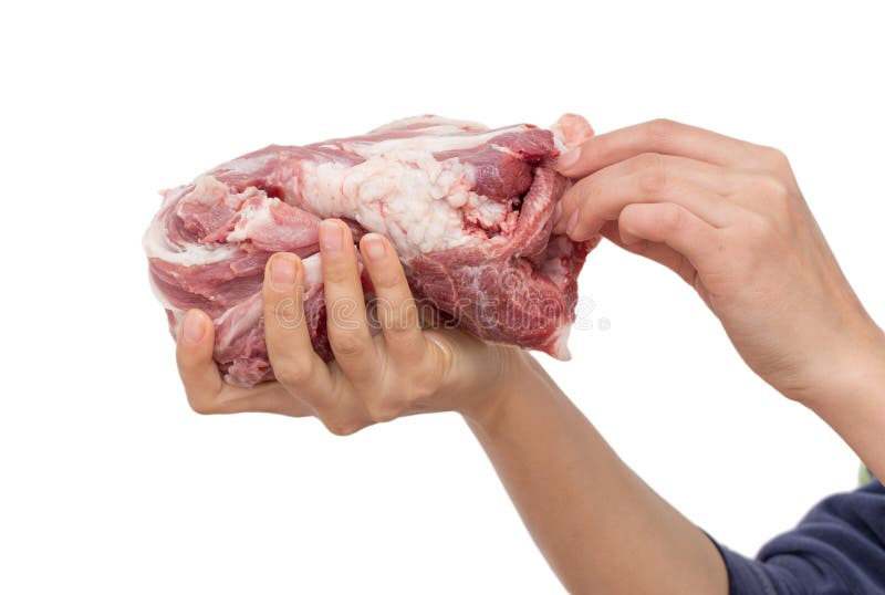 Fresh Meat in Hand on a White Background Stock Image - Image of person ...