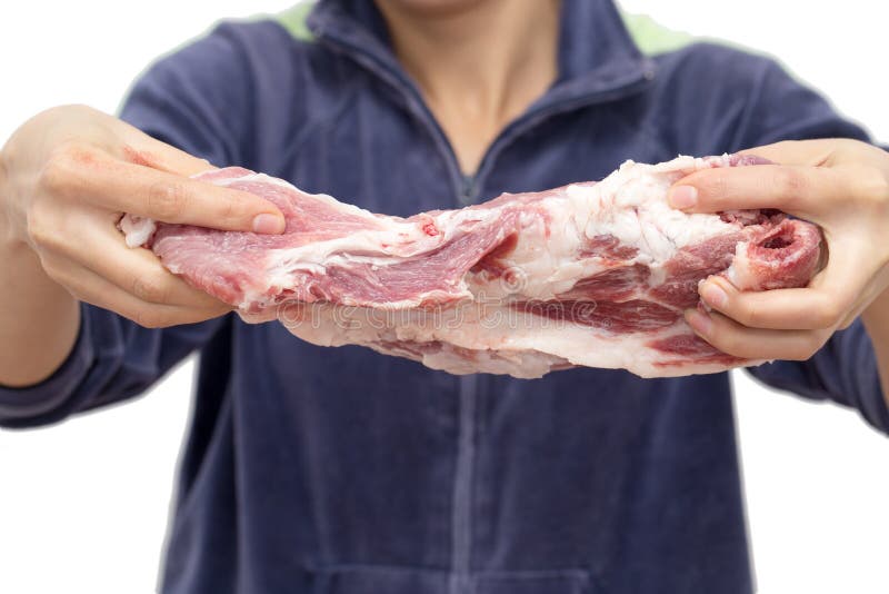 Fresh Meat in Hand on a White Background Stock Photo - Image of house ...