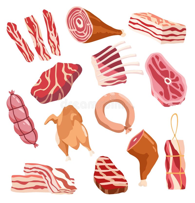 Fresh Meat Icon Set. Clorful Set of Appetizing Meat Products. Hand ...