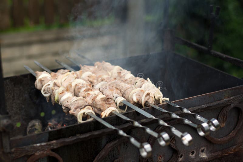 Fresh Meat Kebab on Barbecue Grid Grill Cooked Over Burned Charcoal ...