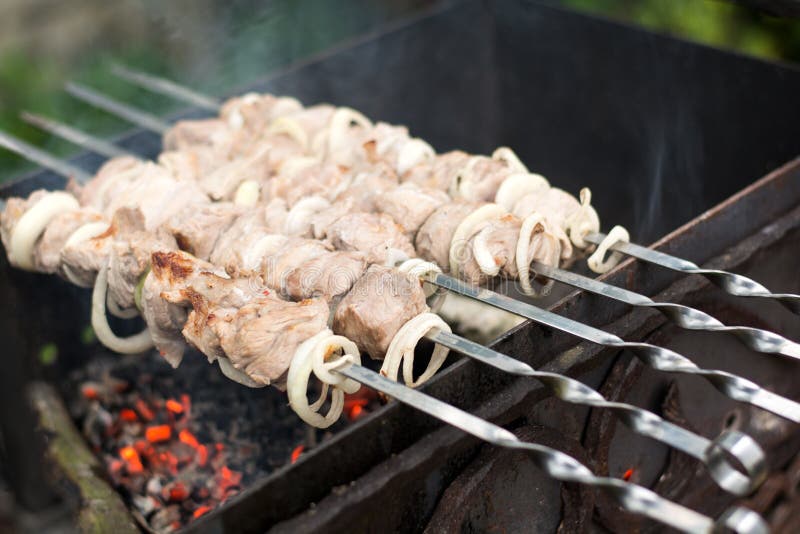 Fresh Meat Kebab on Barbecue Grid Grill Cooked Over Burned Charcoal ...