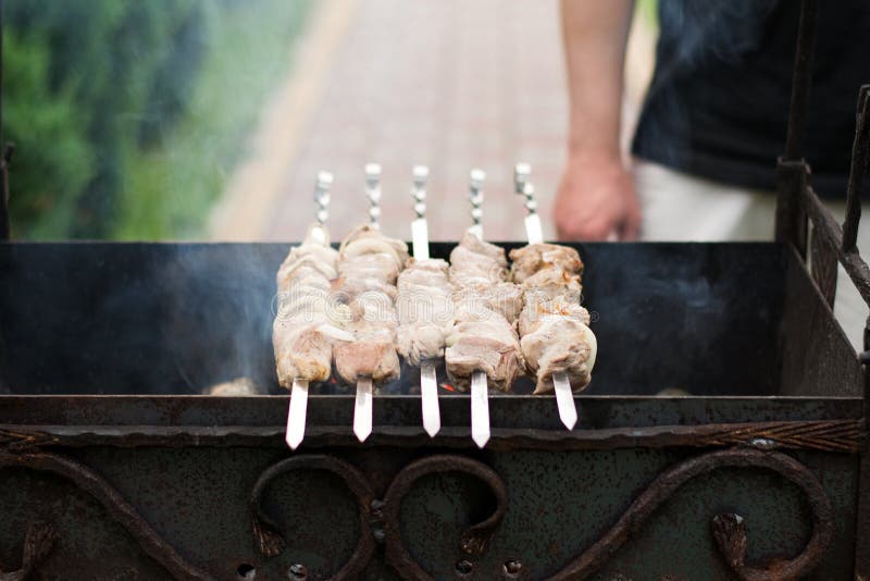 Fresh Meat Kebab on Barbecue Grid Grill Cooked Over Burned Charcoal ...