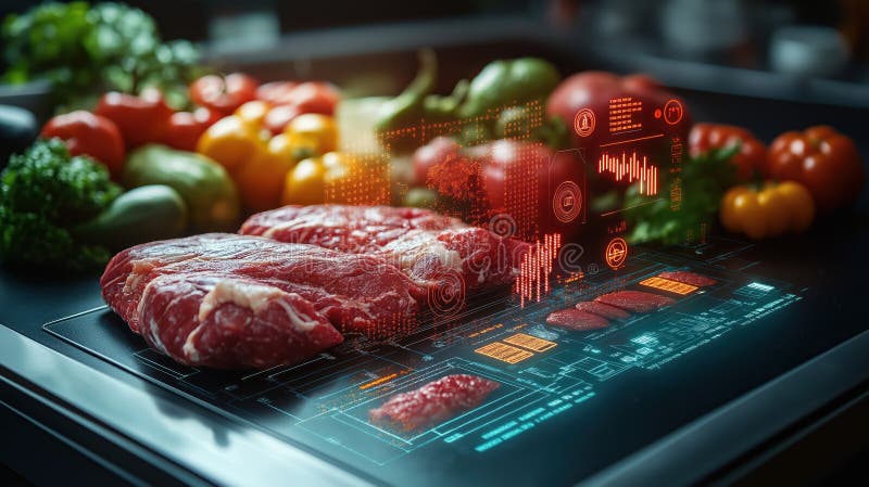 Fresh Meat, Produce Displayed on Tech Surface with Interactive Food ...
