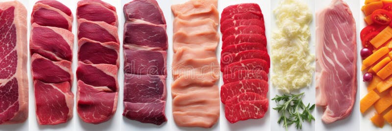 Fresh Meat Products Collage - Vertical Divisions, Bright White Light ...