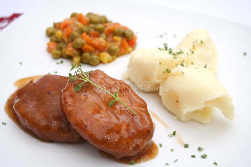 Fresh Meat with Puree and Vegetables Stock Photo - Image of potatoes ...