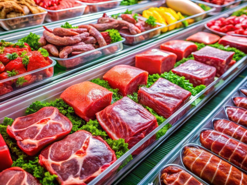 Fresh Meat and Seafood Selection at a Grocery Store EyeLevel View of ...