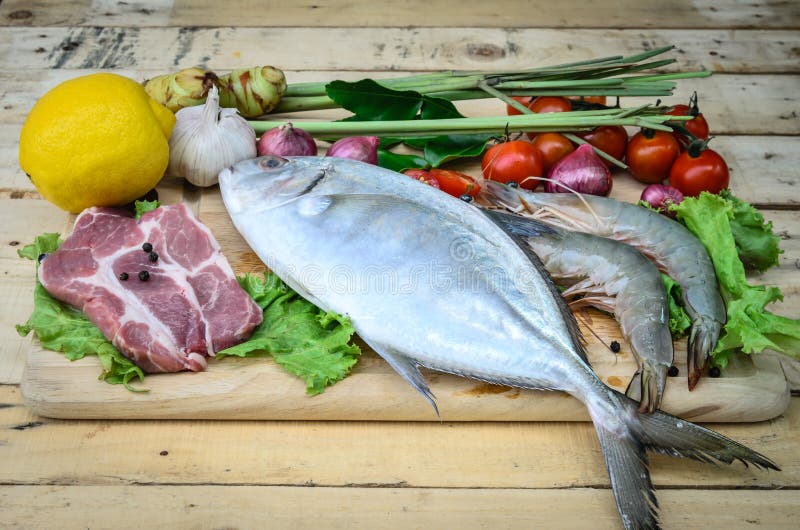 Fresh Meat ,seafood and Vegetables on Kitchen Board Stock Photo - Image ...