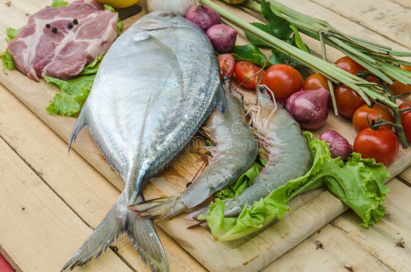 Fresh Meat ,seafood and Vegetables on Kitchen Board Stock Photo - Image ...