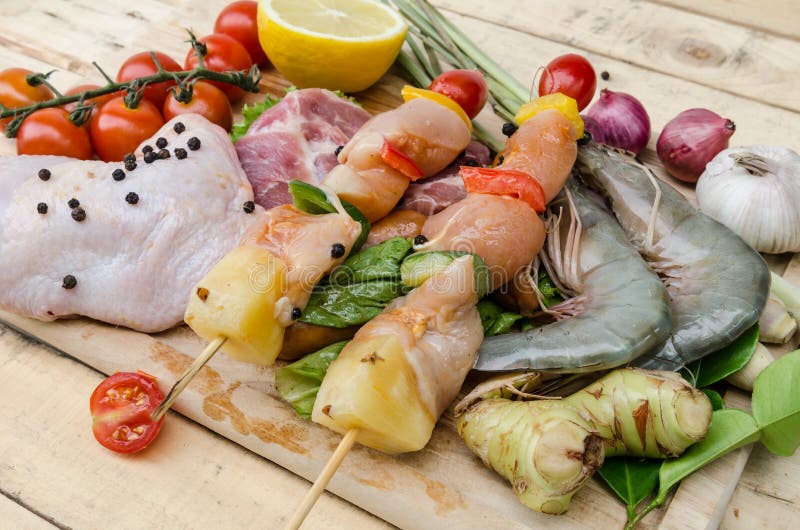 Fresh Meat ,seafood and Vegetables on Kitchen Board Stock Photo - Image ...