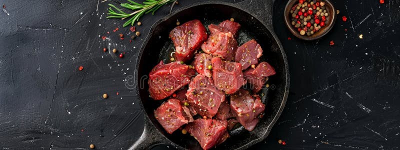 Fresh Meat with Spices in a Pan Top View Stock Photo - Image of black ...