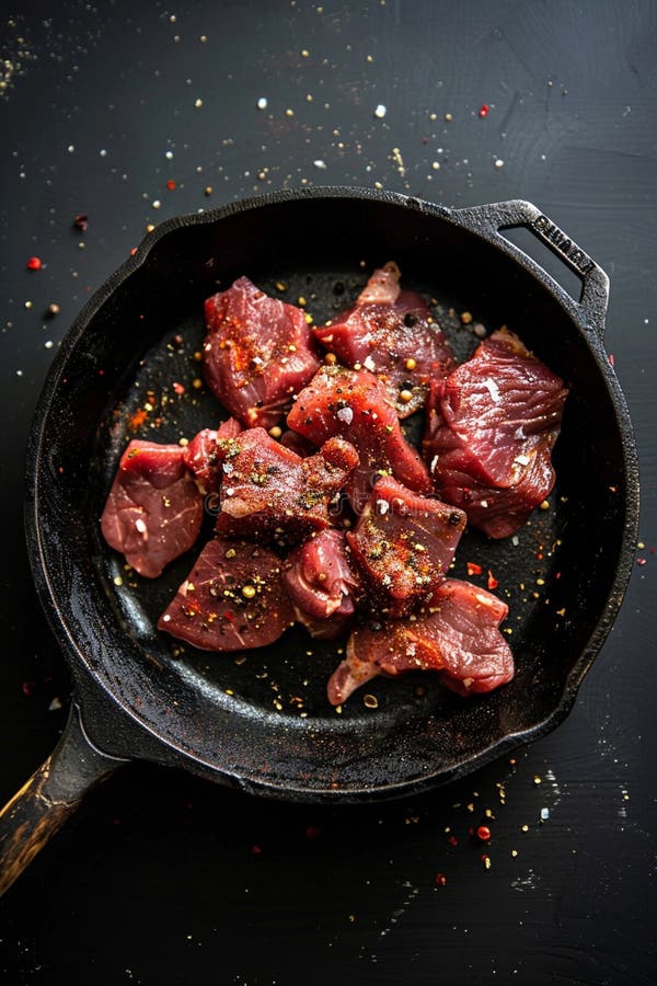 Fresh Meat with Spices in a Pan Top View Stock Photo - Image of beef ...