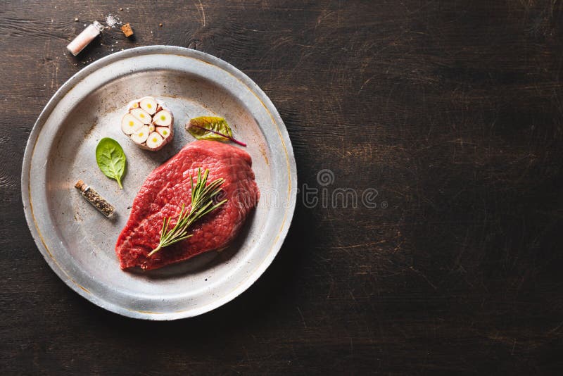 Fresh Meat Top View. Raw Beef Steak and Spices for Cooking Stock Image ...
