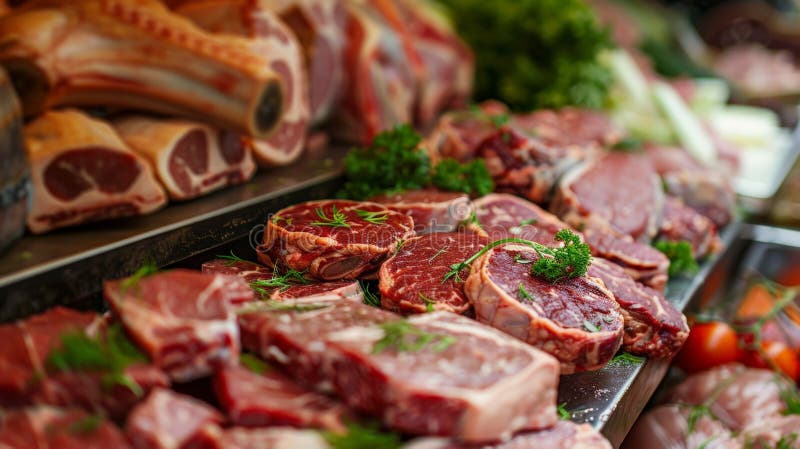 Fresh Meat and Vegetables at Butcher Shop Stock Image - Image of ...