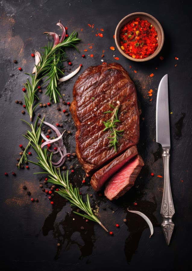 Fresh Medium Rare Beef Steak Top View Stock Illustration - Illustration ...