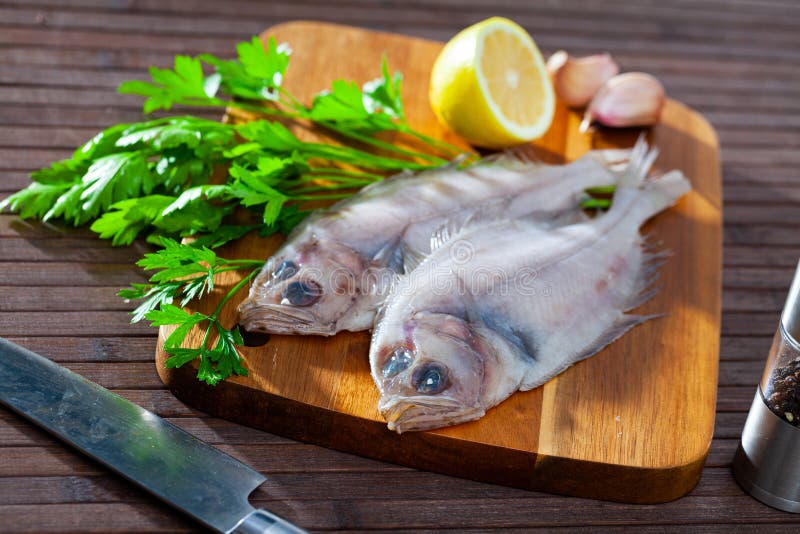 Fresh Megrim Sole Flatfish on Wooden Board Stock Image - Image of gallo ...