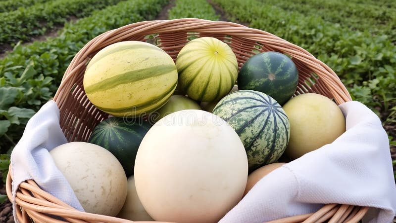 A Fresh Melon Basket Filled with Different Types of Melons Set in the ...
