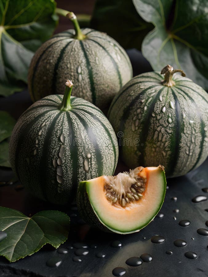 Fresh Melon Fruit Close-up, 1 Fruit Cut in Half, Its Core Visible ...