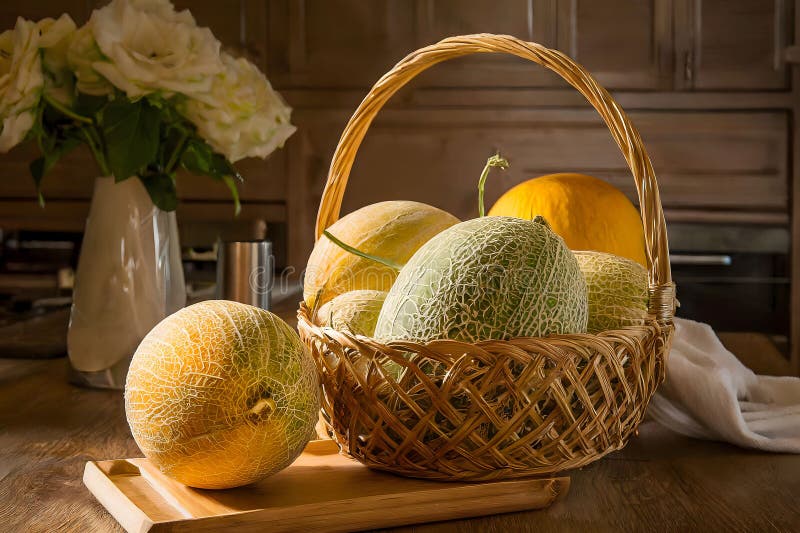 Fresh Melons in a Rustic Kitchen Setting Illuminated by Natural Light ...