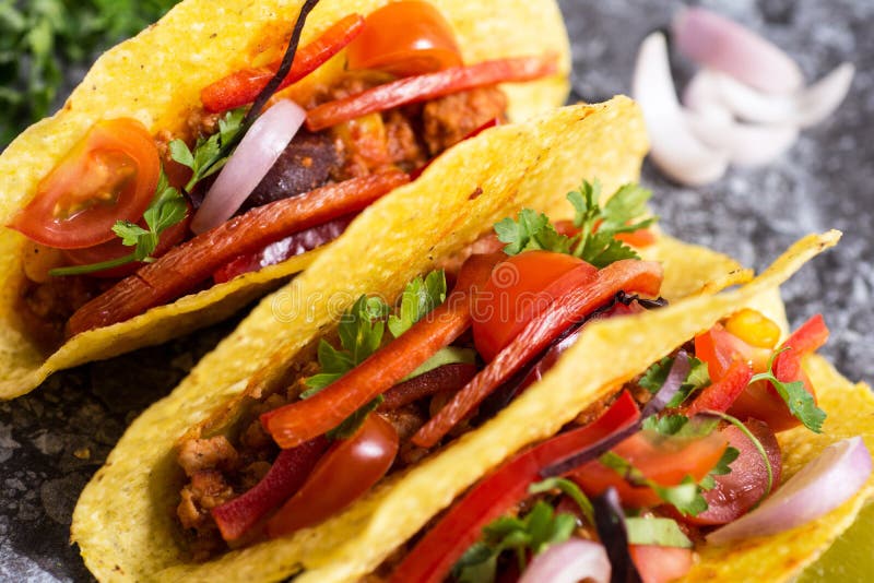 Mexican Tacos in Corn Shells with Vegetables on Stone Background Stock ...