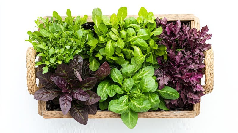 Fresh Microgreens Assortment in Rustic Wooden Basket, Overhead View on ...